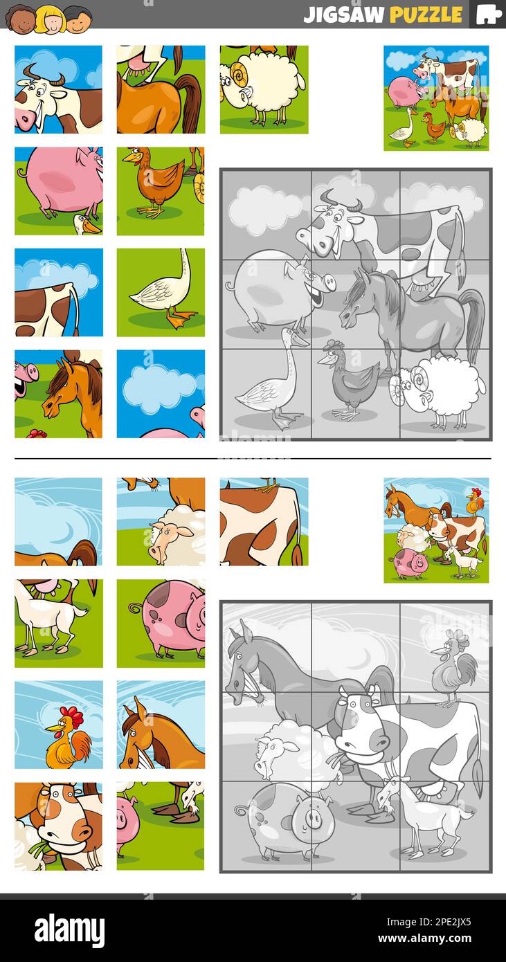 Cartoon illustration of educational jigsaw puzzle games set with funny ...