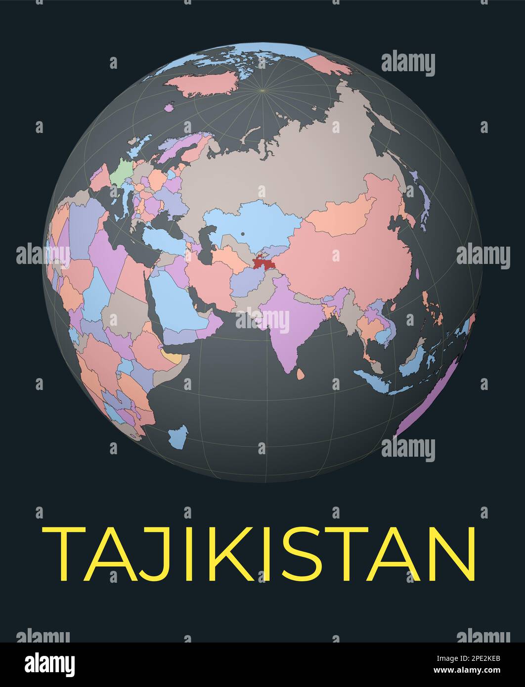 World map centered on Tajikistan. Red country highlighted. Satellite ...