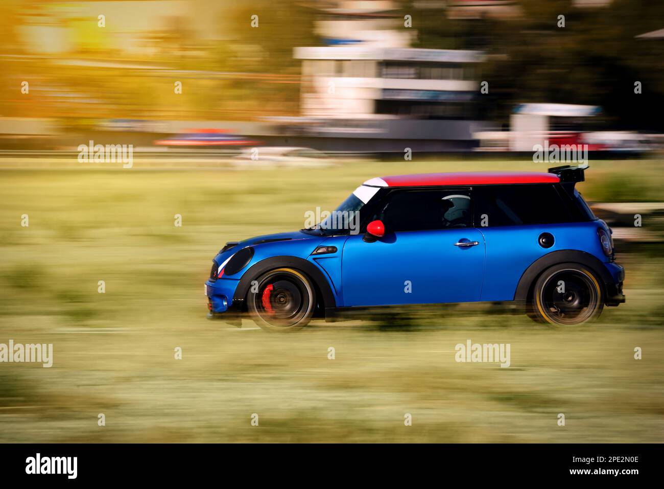 Izmir, Turkey - September 24, 2022: Fast going Blue colored Mini Cooper ...