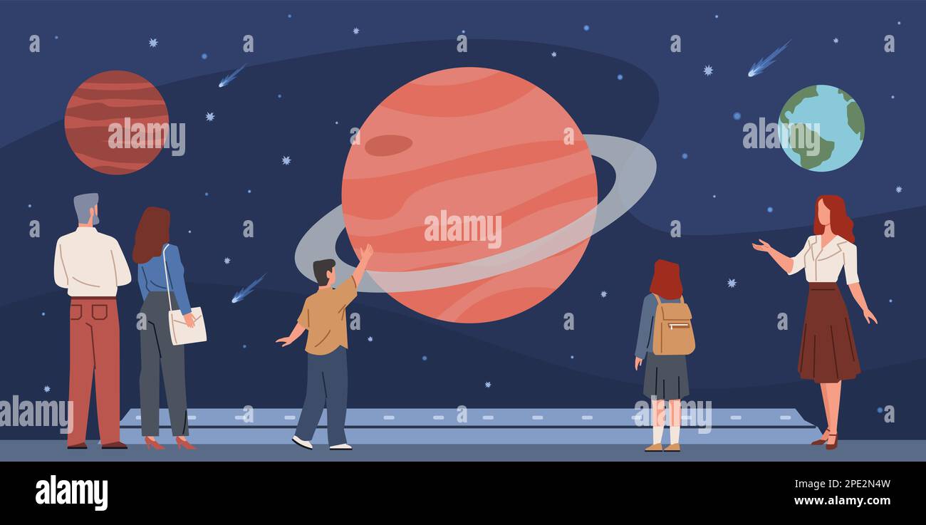 People at astronomy museum. Excursion for adults and children, visitors ...