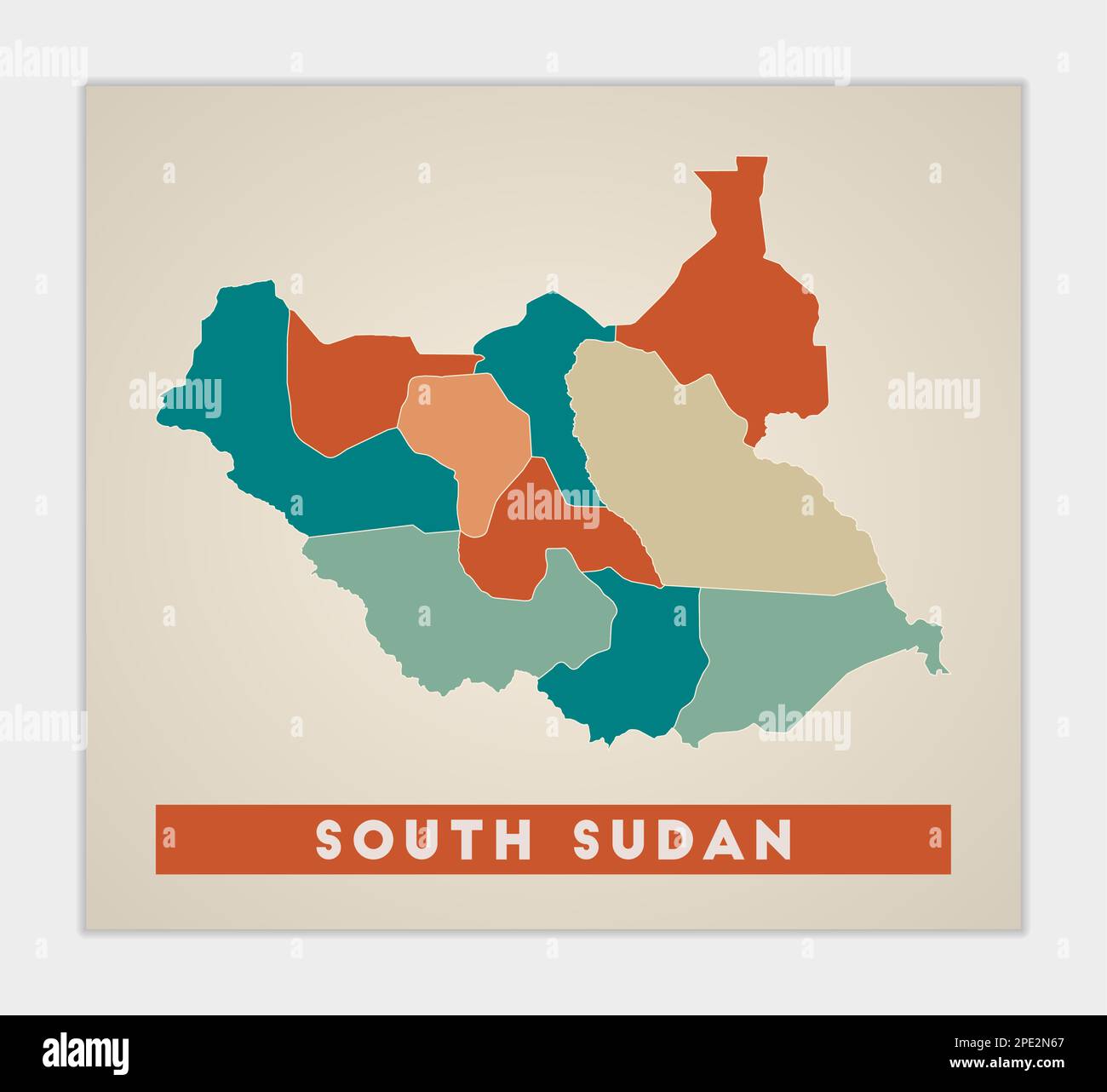 South Sudan poster. Map of the country with colorful regions. Shape of ...