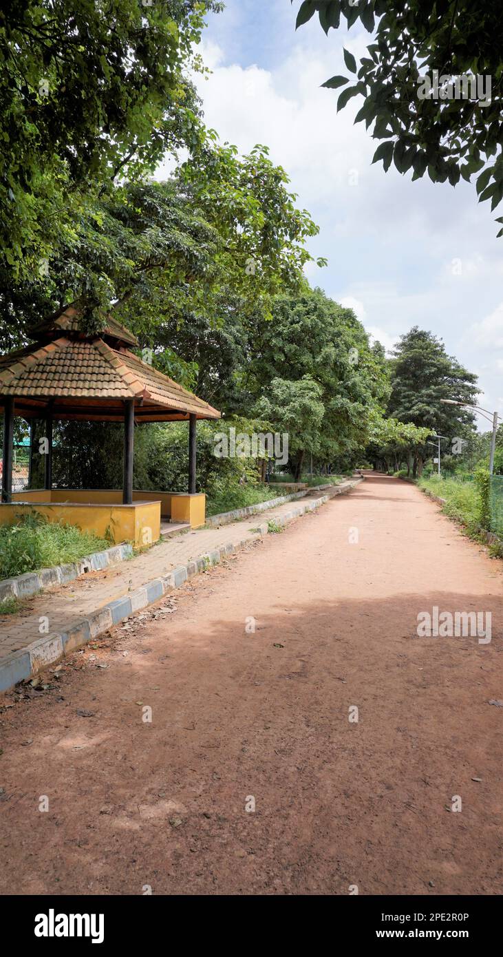 Portrait view of walking lane of Agara lake. Well maintained lakes and ...
