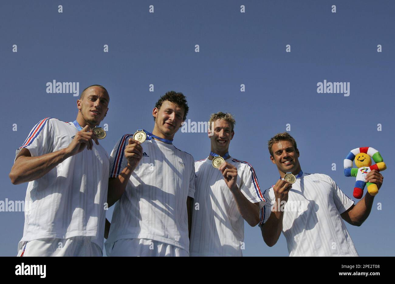 French 4x100m freestyle swim relay team, show their gold medals of the ...