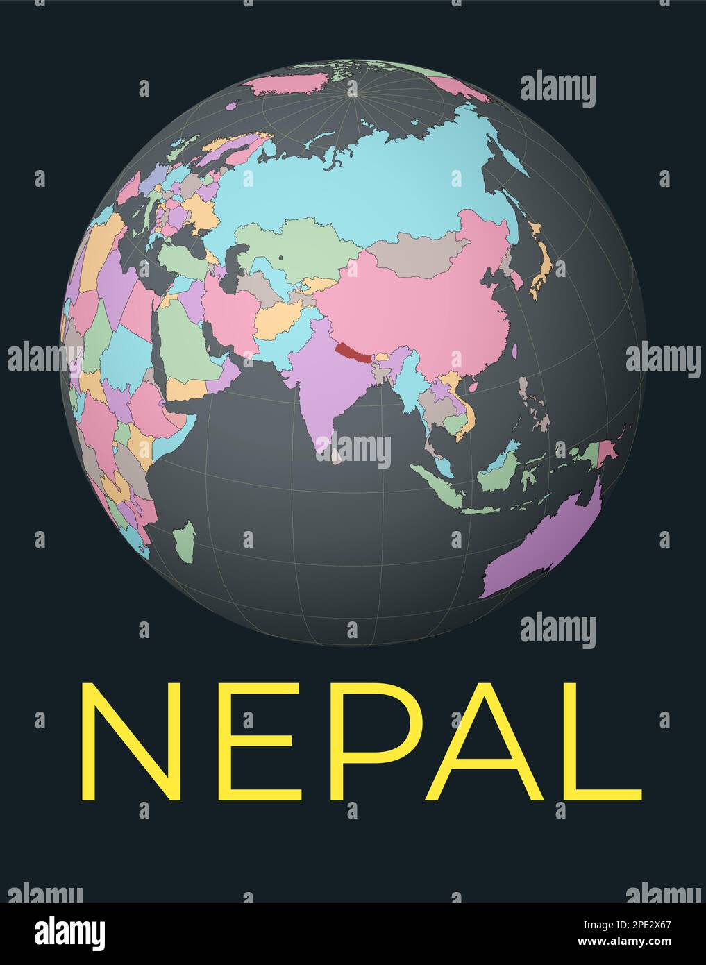 World map centered on Nepal. Red country highlighted. Satellite world ...