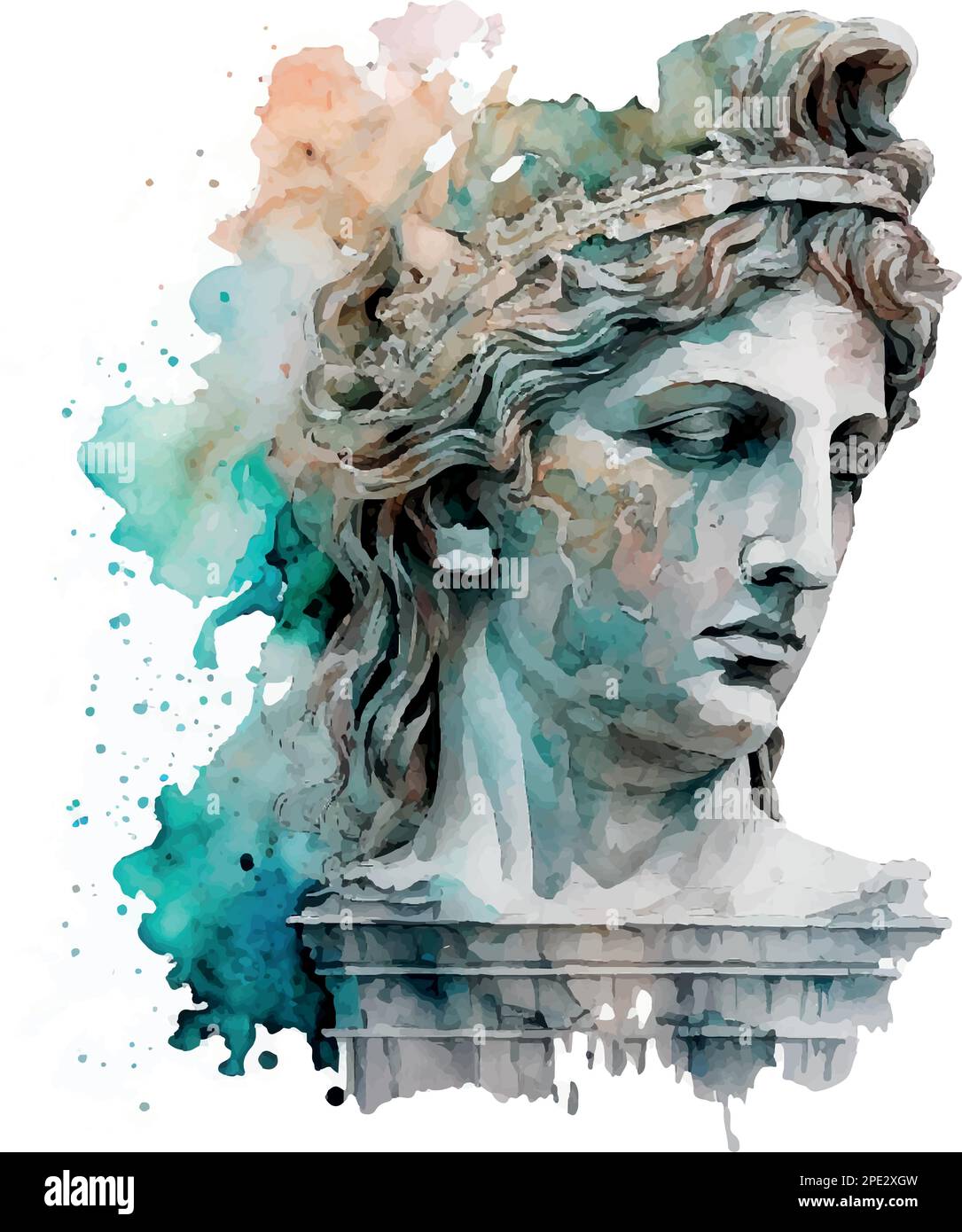 Contemporary art with antique statue head watercolor illustration. Work ...
