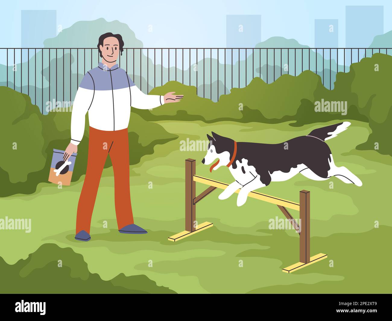 Man train dog. Guy teaches pet to take obstacles, husky with owner ...