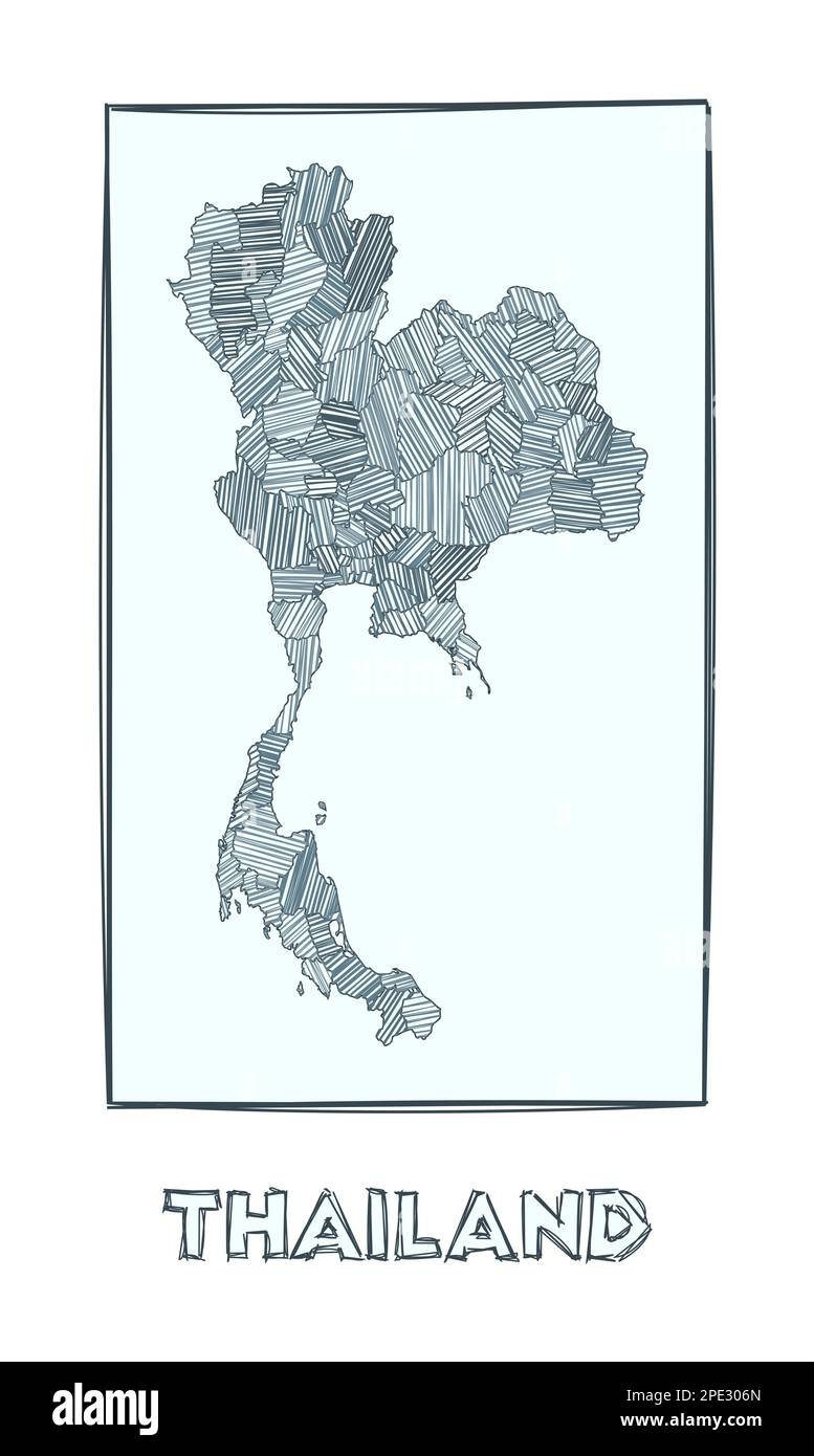 Sketch map of Thailand. Grayscale hand-drawn map of the country. Filled ...