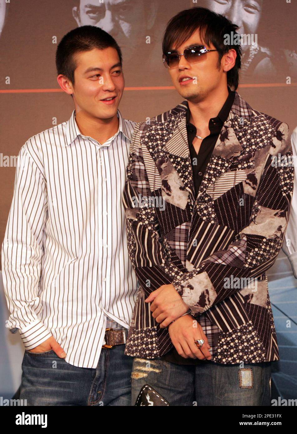 Internationally famed Taiwanese pop star Jay Chou, right, speaks with ...