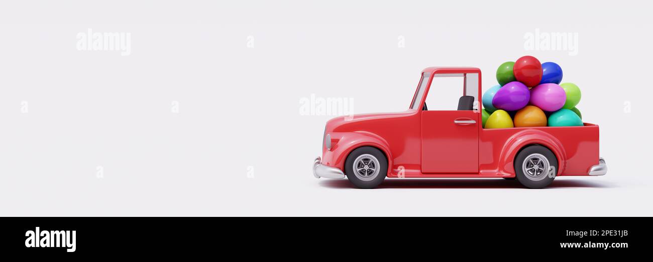 Red car carrying colorful Easter eggs. Easter holiday concept on white ...