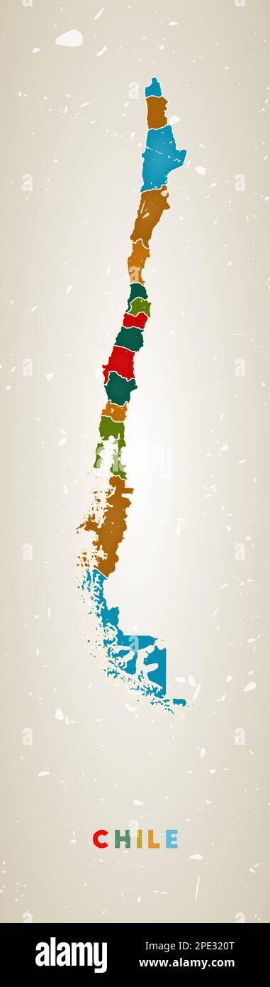 Chile map. Country poster with colored regions. Old grunge texture ...