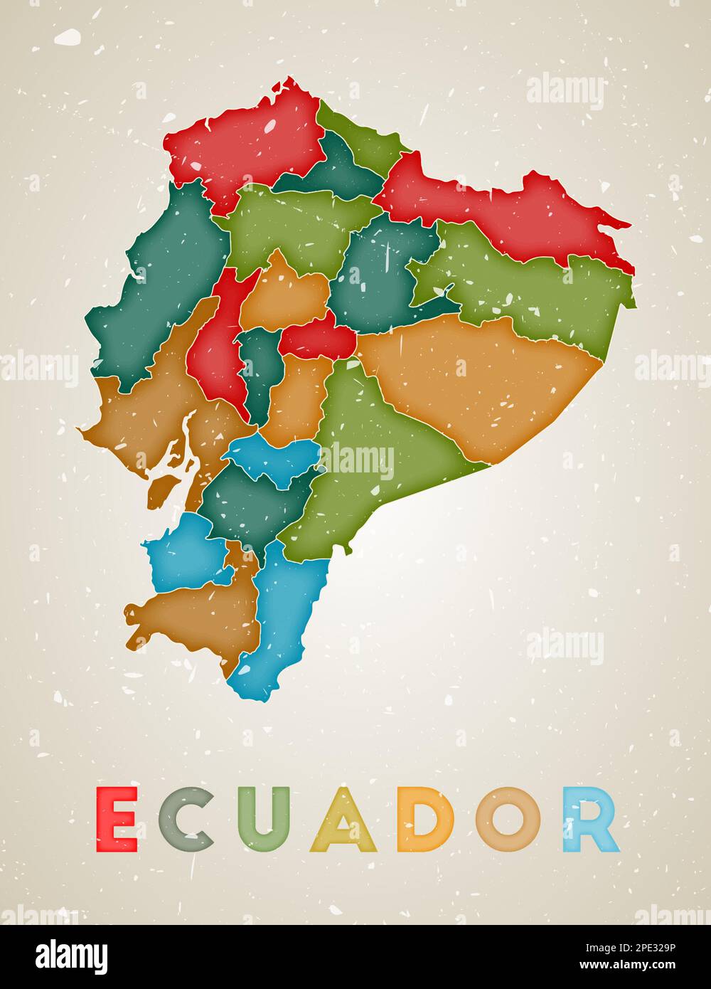 Ecuador map. Country poster with colored regions. Old grunge texture ...