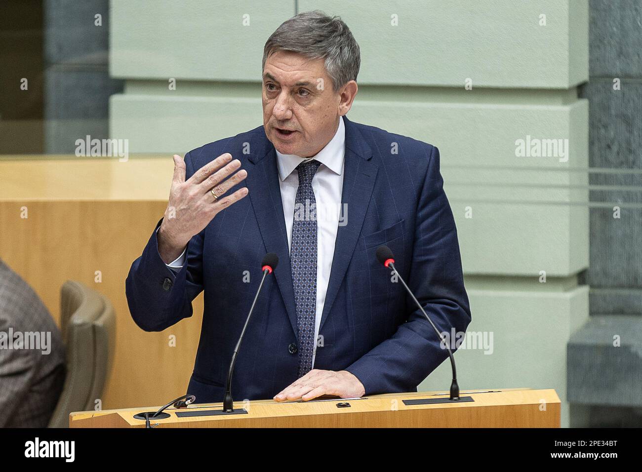Flemish Minister President Jan Jambon pictured during a plenary session of the Flemish ...