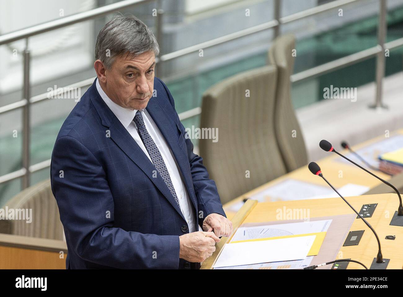 Flemish Minister President Jan Jambon pictured during a plenary session of the Flemish ...