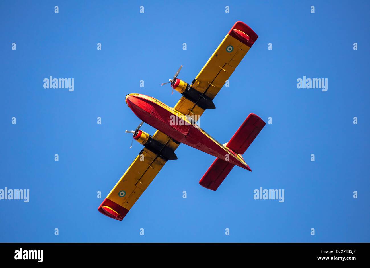 Canadair flight, Firefight Aircraft, Scooper flying on blue sky ...