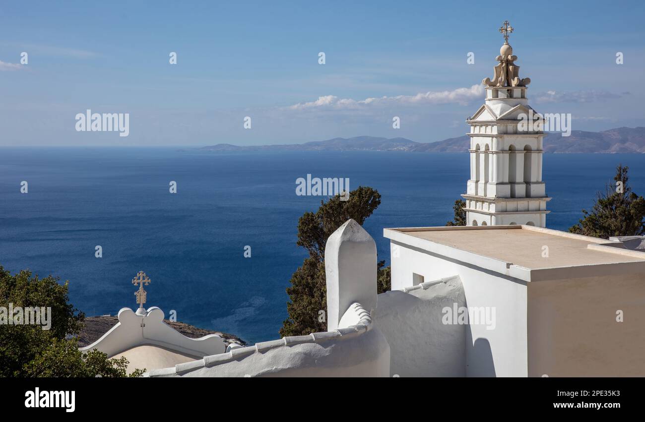 Cyclades, Greece. Tinos Greek island, Panagia church belfry, over blue ...