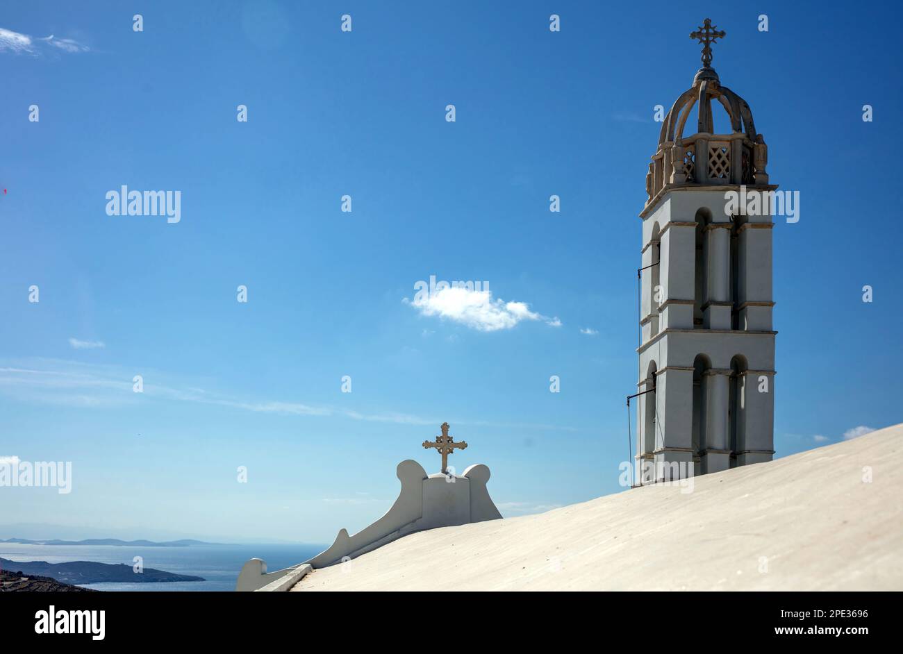 Cyclades, Greece. Tinos Greek island, Panagia church roof and belfry ...