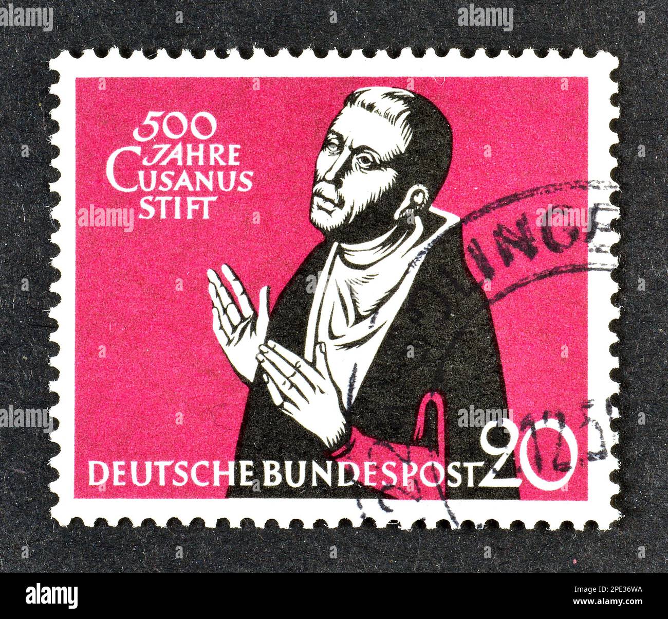 Cancelled postage stamp printed by Germany, that shows Nicholas of Cusa ...