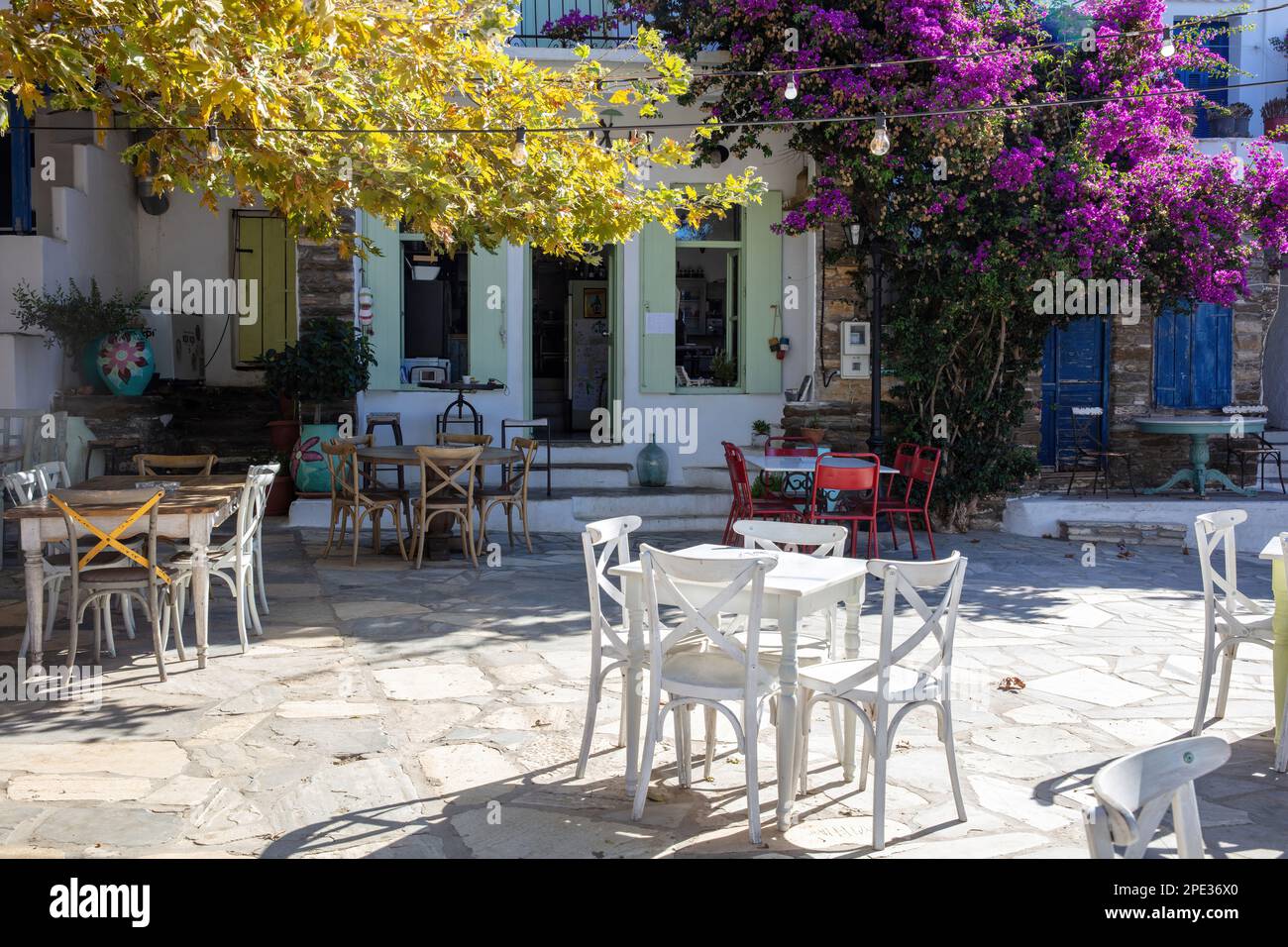 Outdoors traditional cafe at Tinos island, Dio Horia village Cyclades ...