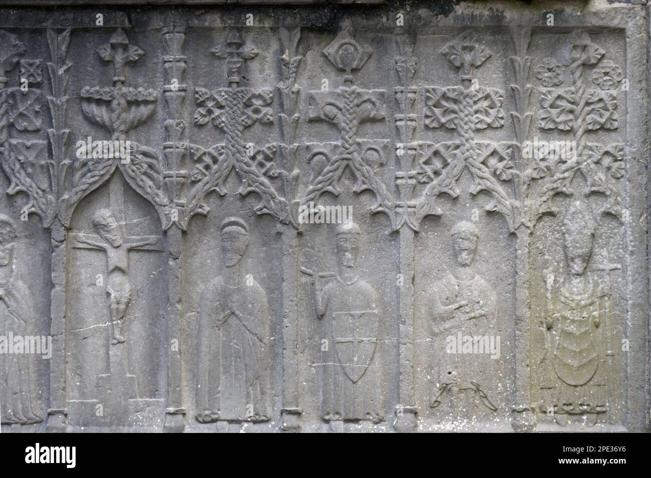 Intricate carving on the O'Crean Tomb at the ruins of Sligo Abbey ...