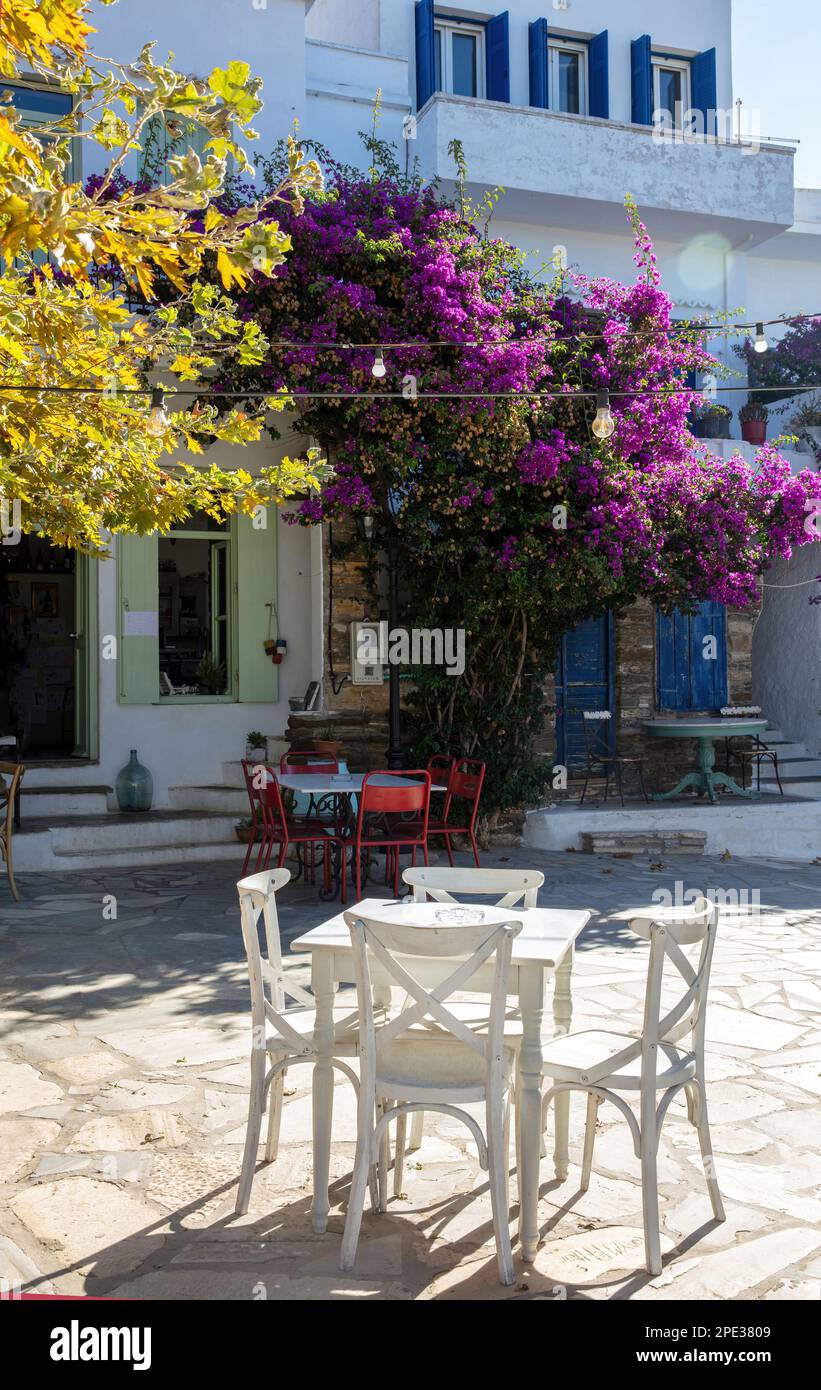 Outdoors cafe at Tinos island, Dio Choria village Cyclades Greece ...