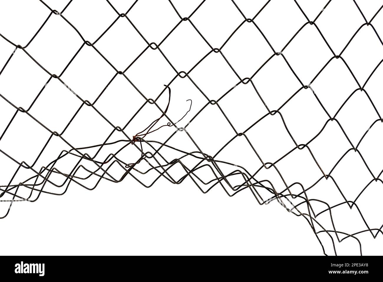 The texture of the metal mesh. Torn, destroyed, broken metal mesh on a ...