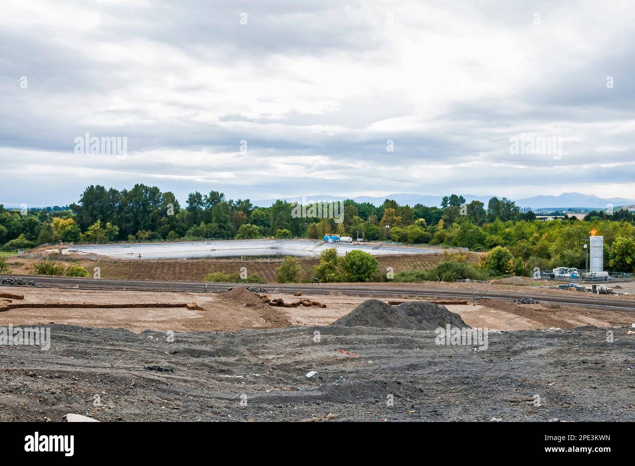 Scene from an active landfill showing the area for a leachate waste ...