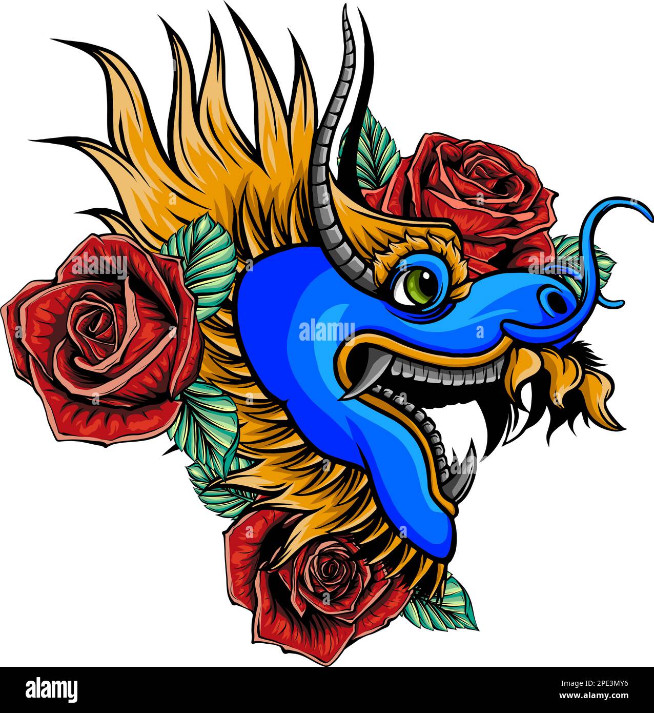 Japanese dragon with rose flower vector design isolated on white ...