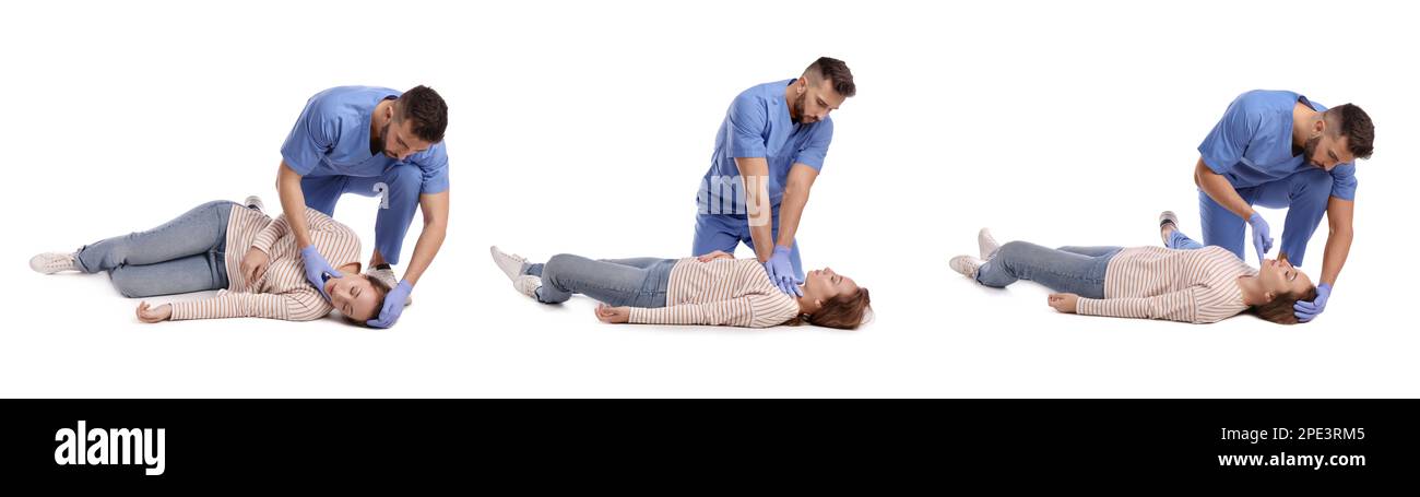 Doctor performing first aid on unconscious woman against white ...