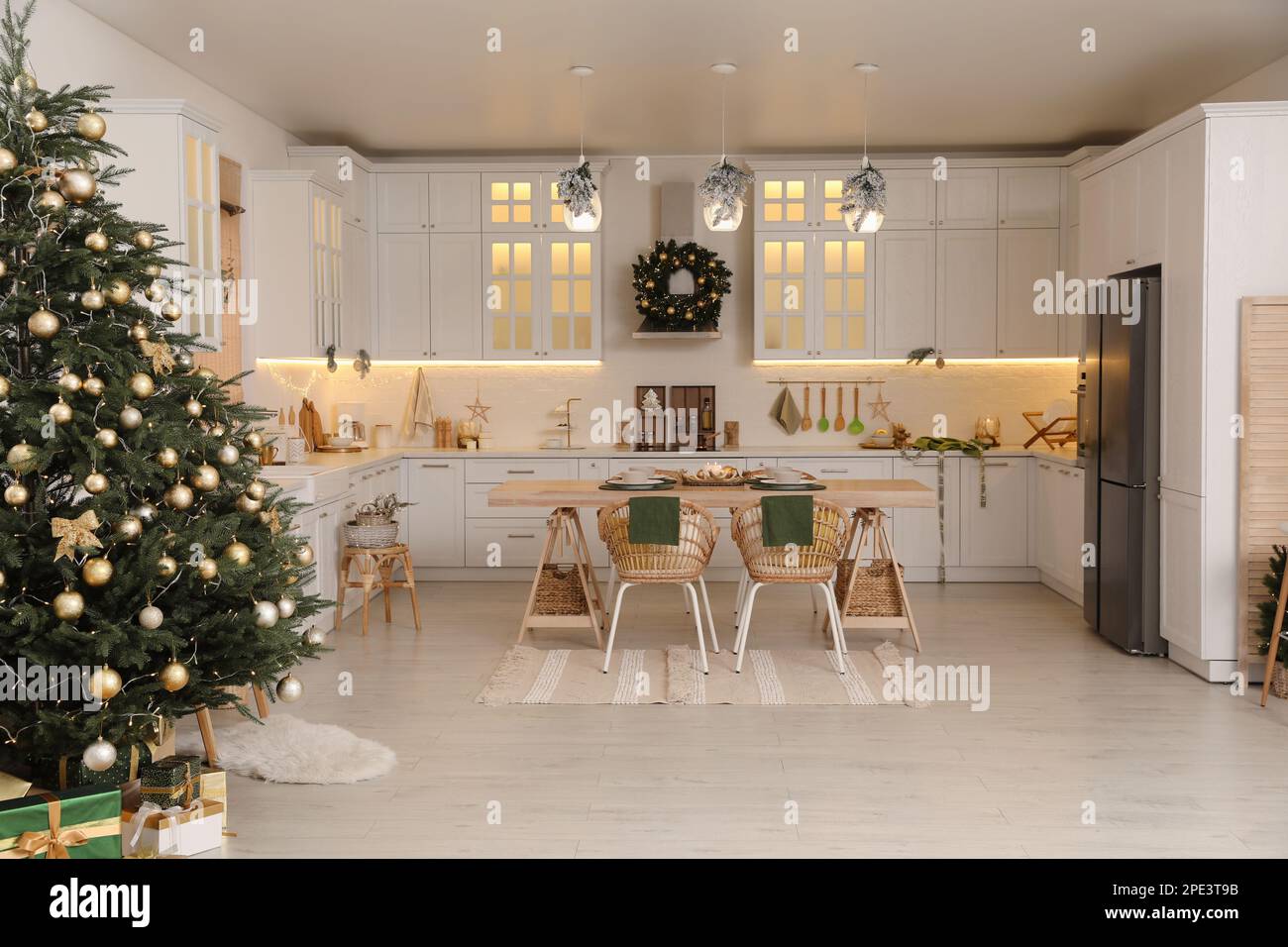 Cozy open plan kitchen decorated for Christmas. Interior design Stock ...