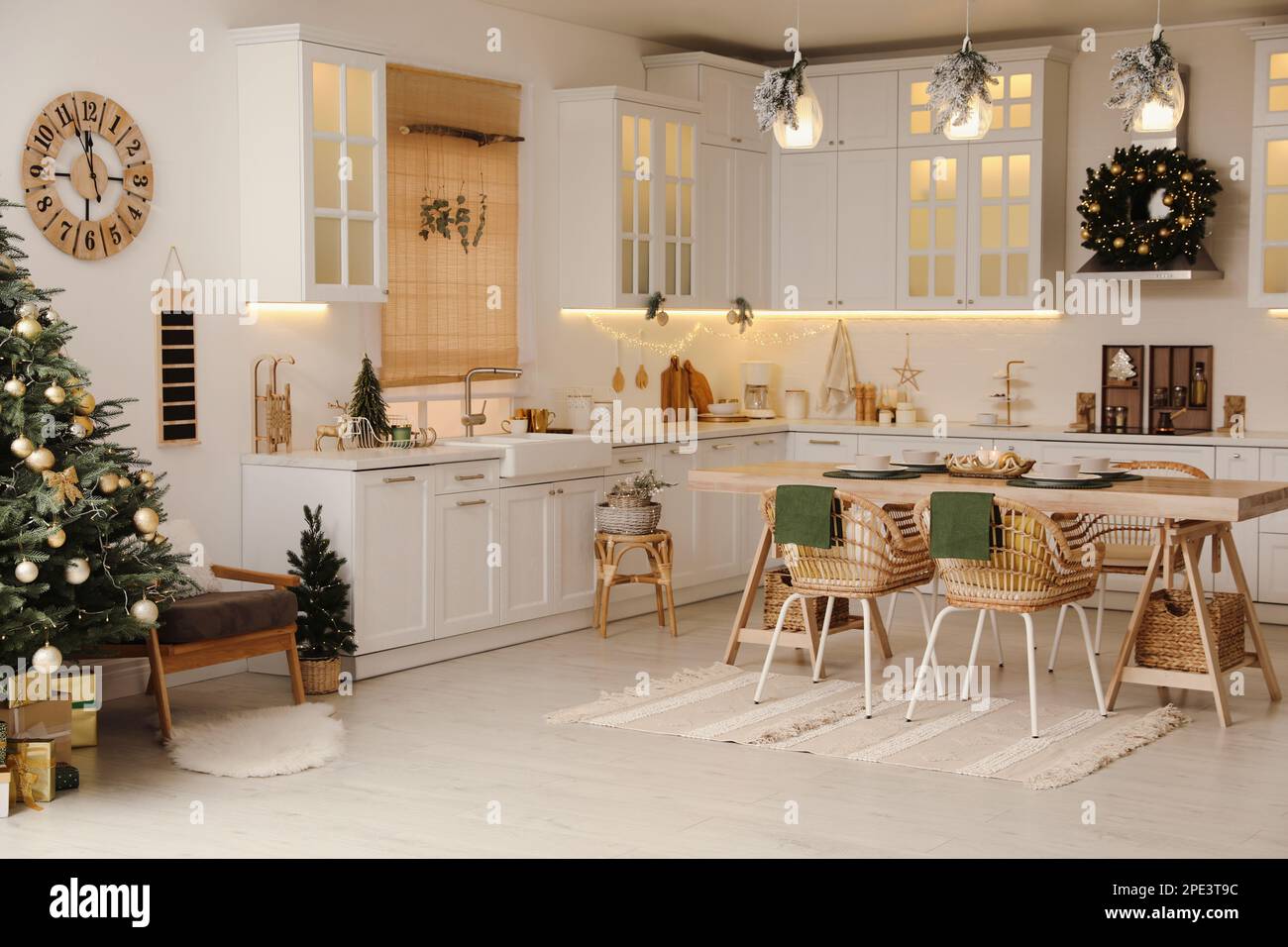 Cozy open plan kitchen decorated for Christmas. Interior design Stock ...