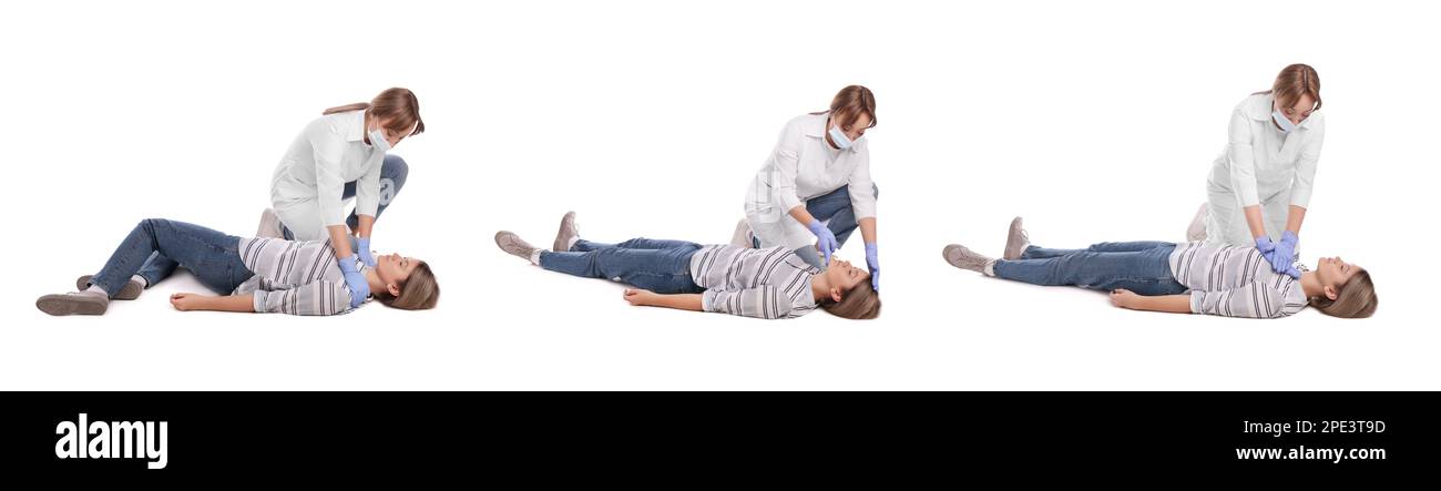 Doctor performing first aid on unconscious woman against white ...