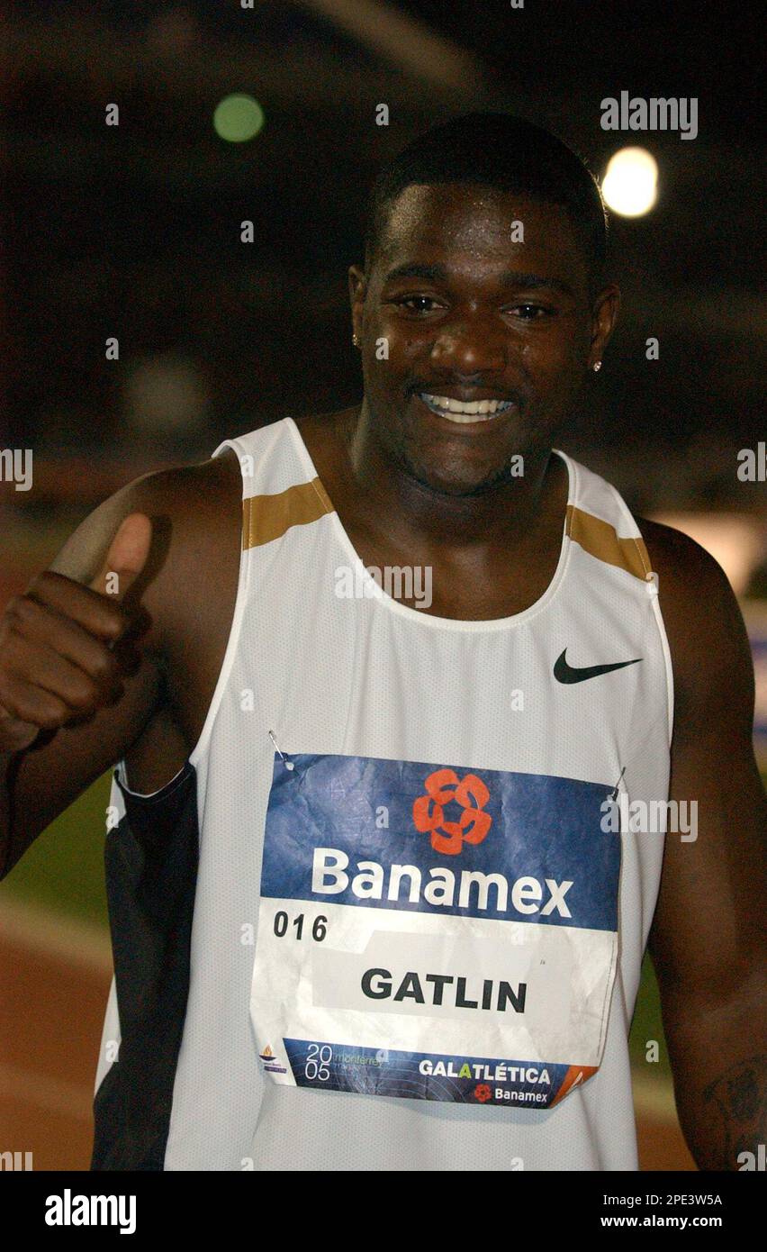 Justin Gatlin gives a thumb up after winning the 200-meter during the ...