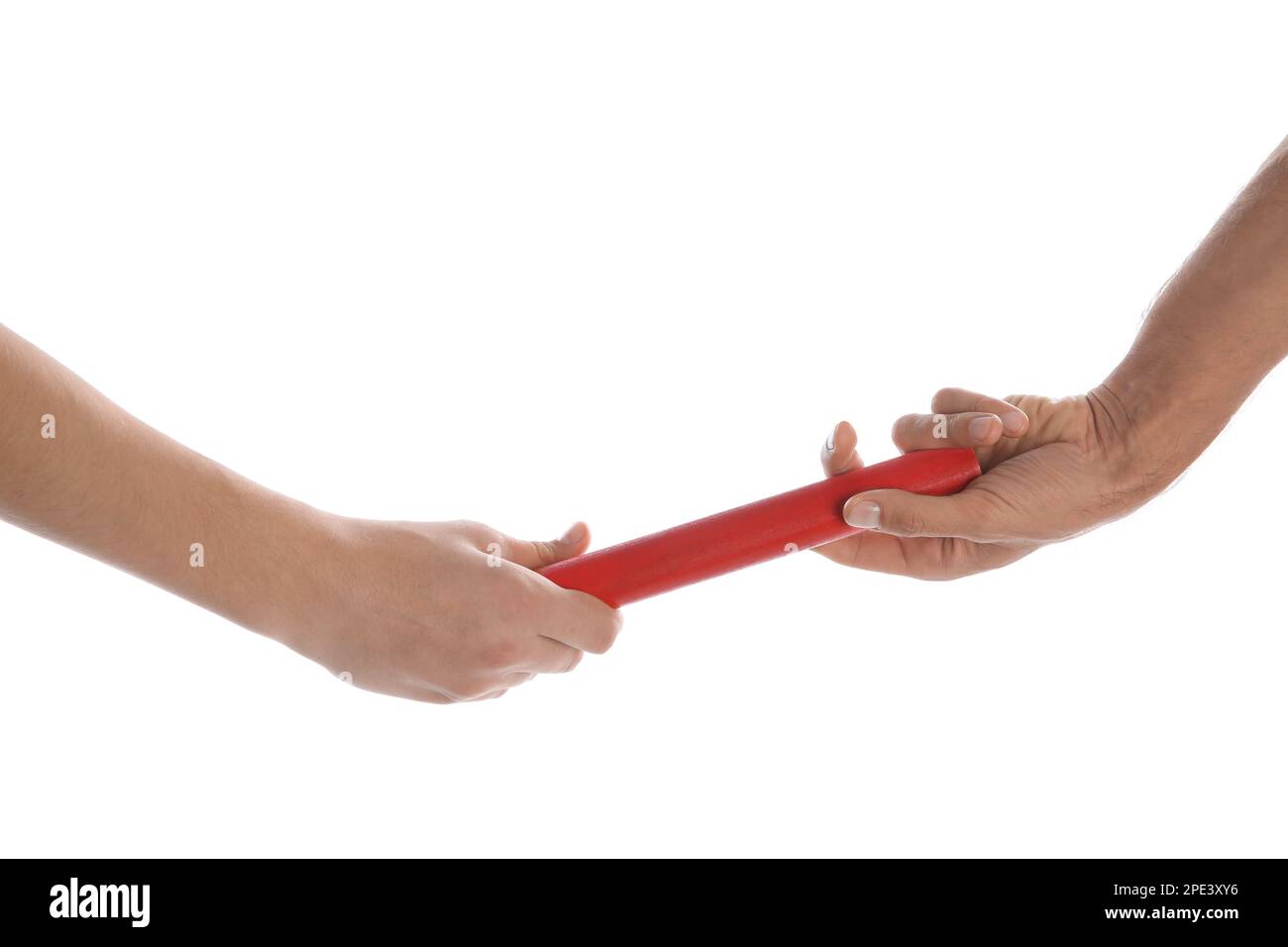 Man passing relay baton to teammate isolated on white, closeup Stock ...