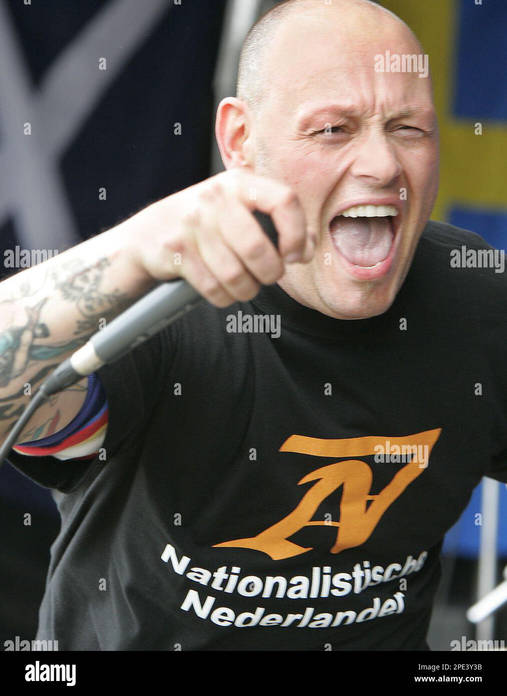 Tim Mudde, singer of the band 'Brigade M', Netherlands, gestures during ...