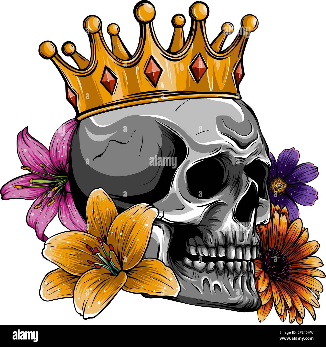 Beautiful romantic skull with crown and elegant wreath of flowers Stock ...