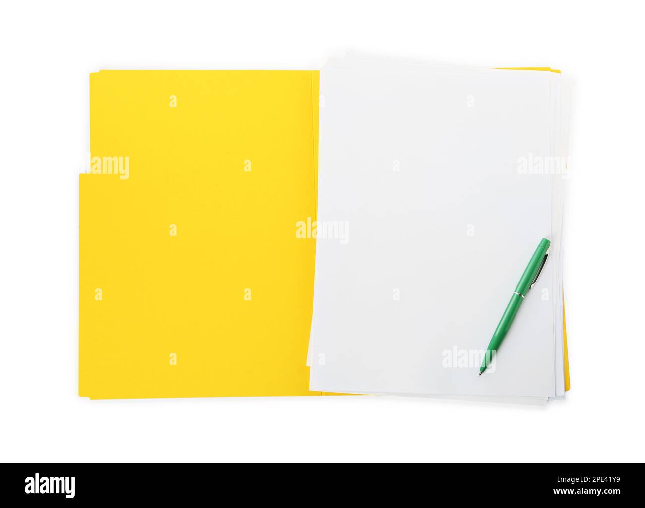 Yellow file with blank sheets of paper and green pen isolated on white ...