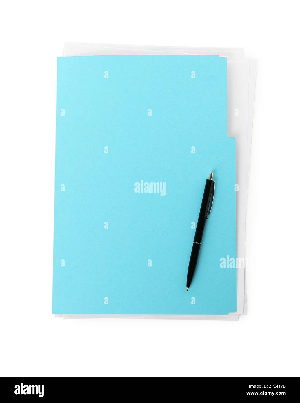 Turquoise file with documents and black pen isolated on white, top view ...