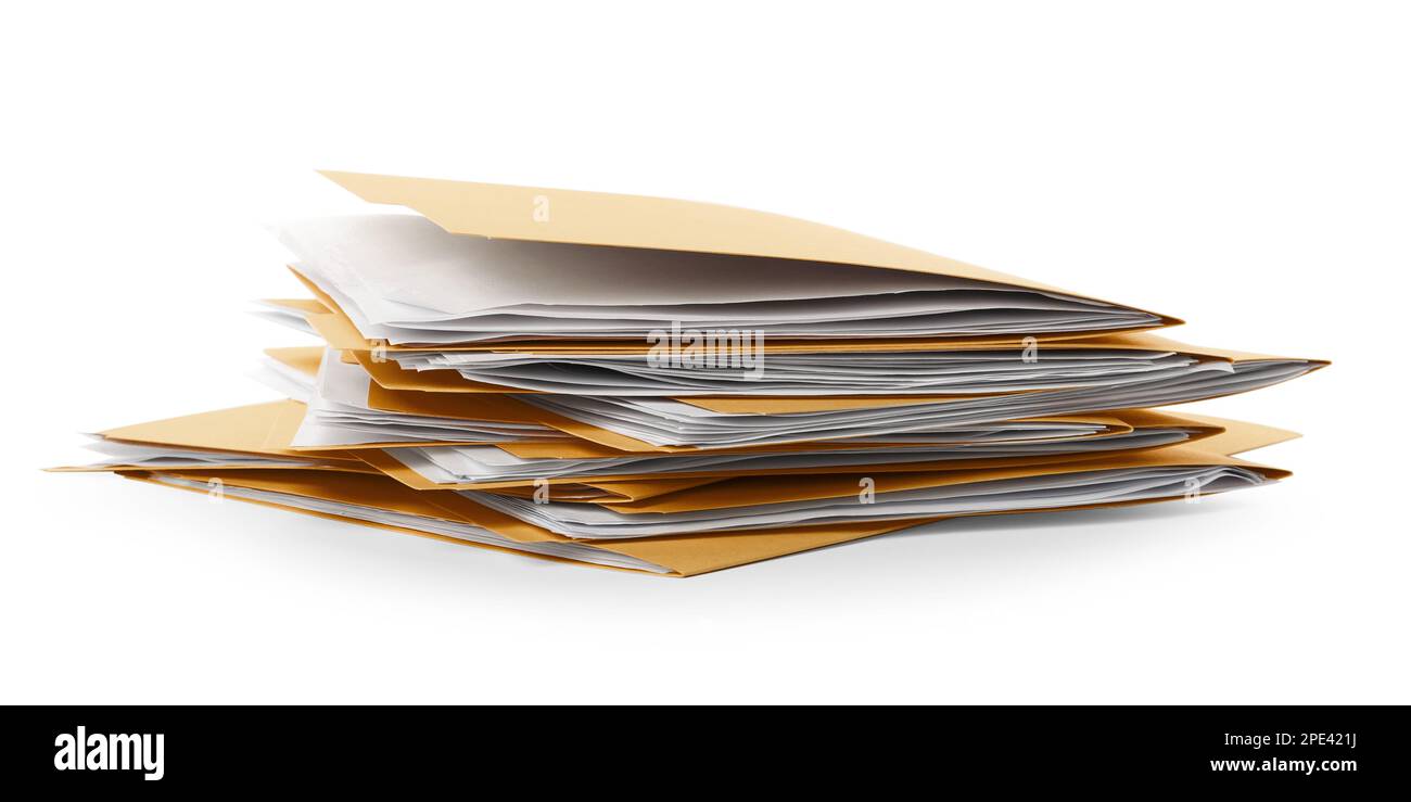 Stack of yellow files with documents on white background Stock Photo ...