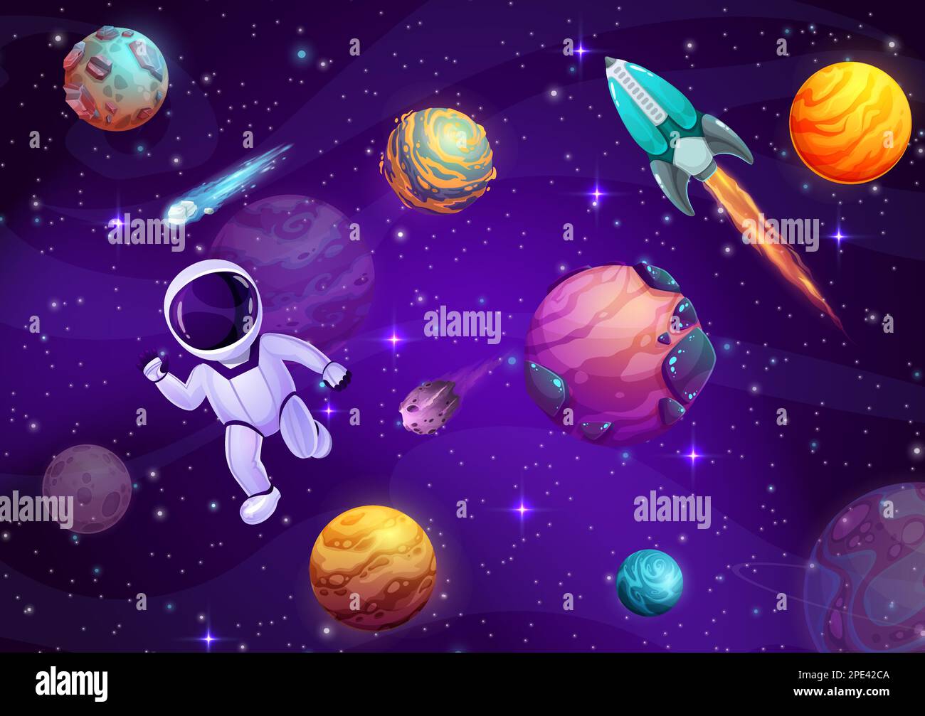 Cartoon astronaut in outer space. Starry galaxy, planets and rocket ...