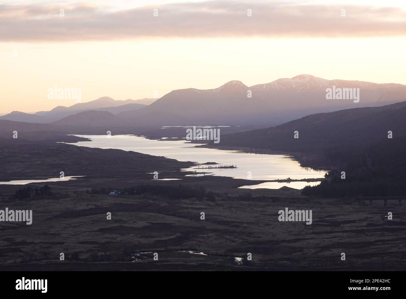 Winter view across Rannoch Moor and Loch Laidon with the mountains of ...