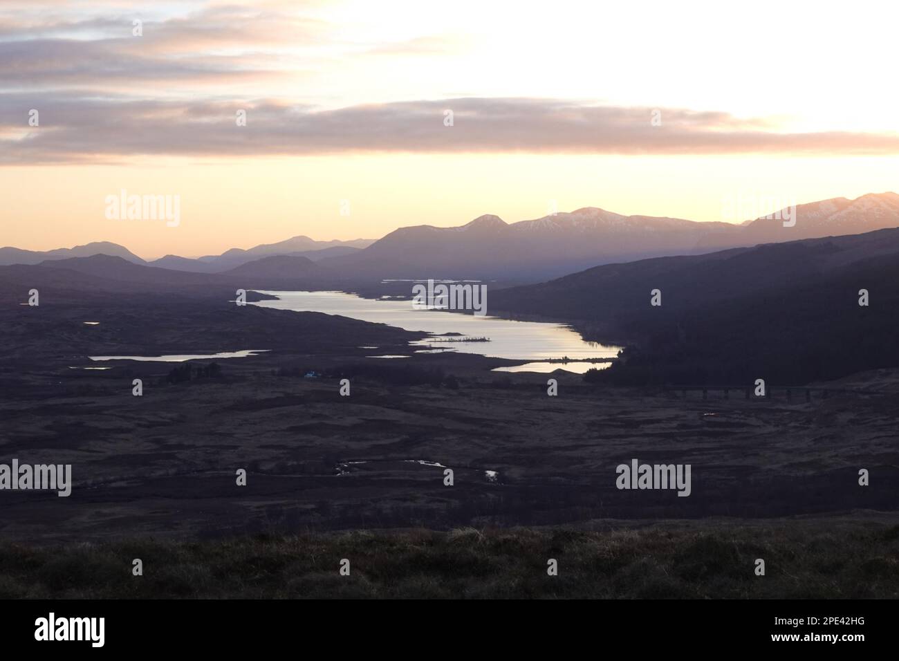 Winter view across Rannoch Moor and Loch Laidon with the mountains of ...