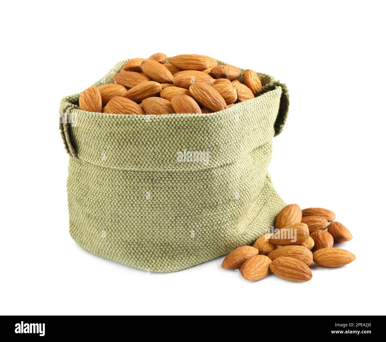 Sack and organic almond nuts on white background. Healthy snack Stock ...