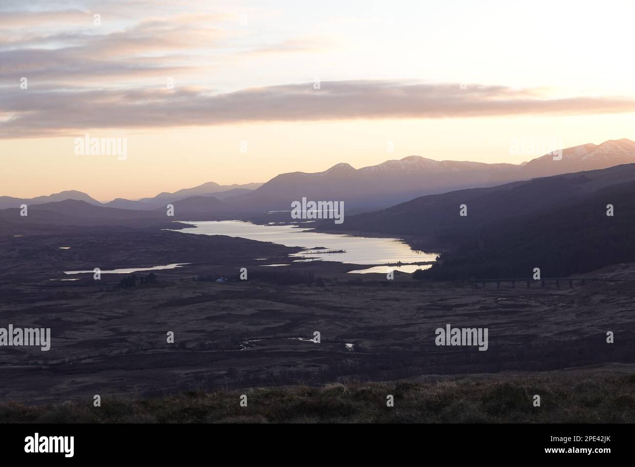 Winter view across Rannoch Moor and Loch Laidon with the mountains of ...