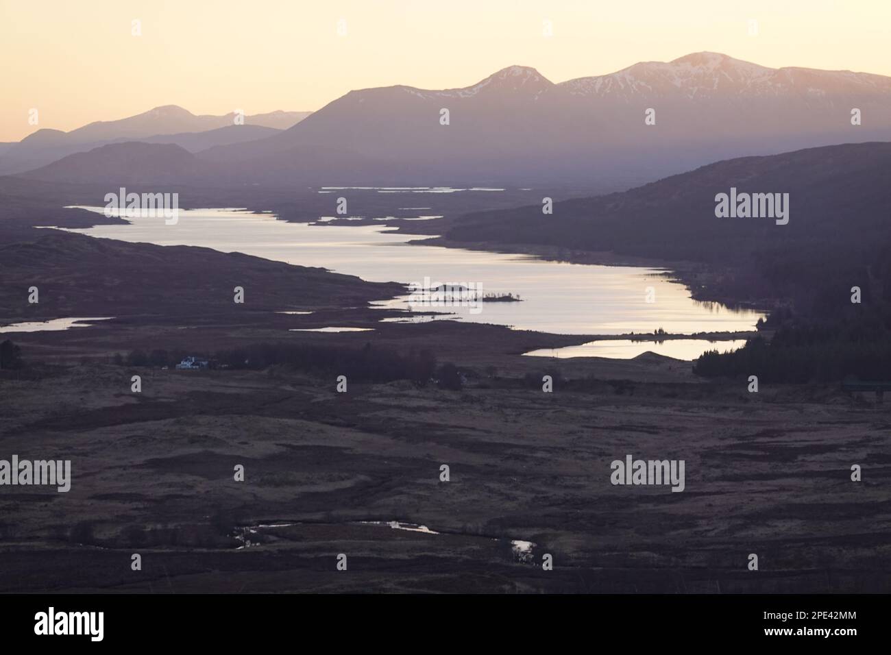 Winter view across Rannoch Moor and Loch Laidon with the mountains of ...
