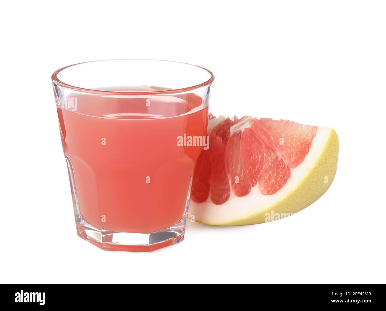 Glass of pink pomelo juice and fruit isolated on white Stock Photo - Alamy