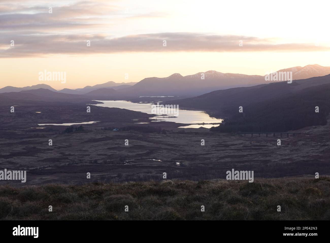 Winter view across Rannoch Moor and Loch Laidon with the mountains of ...