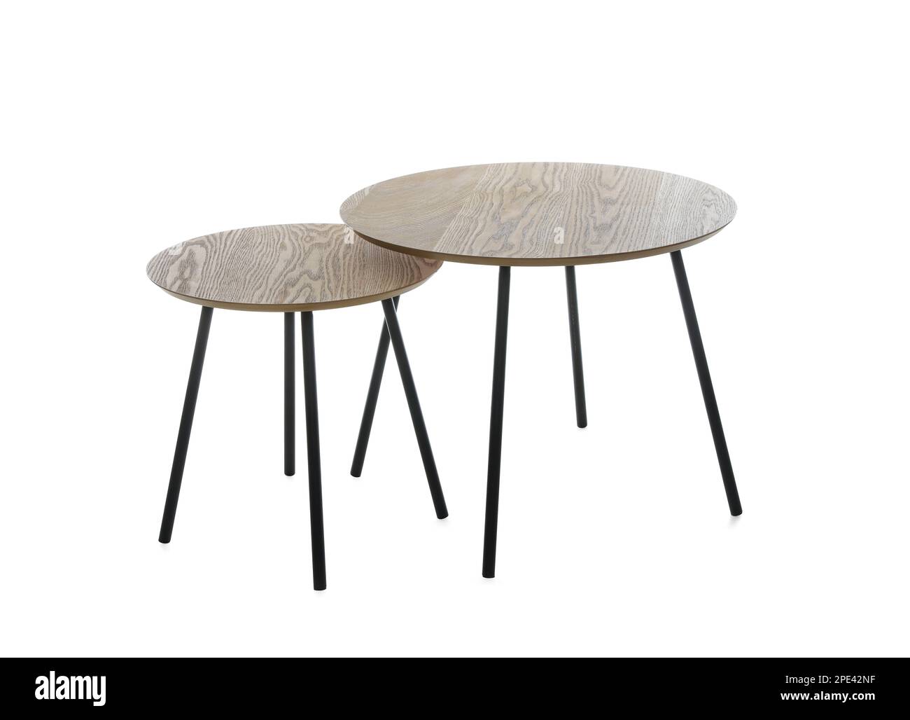 Empty wooden nesting tables isolated on white Stock Photo - Alamy