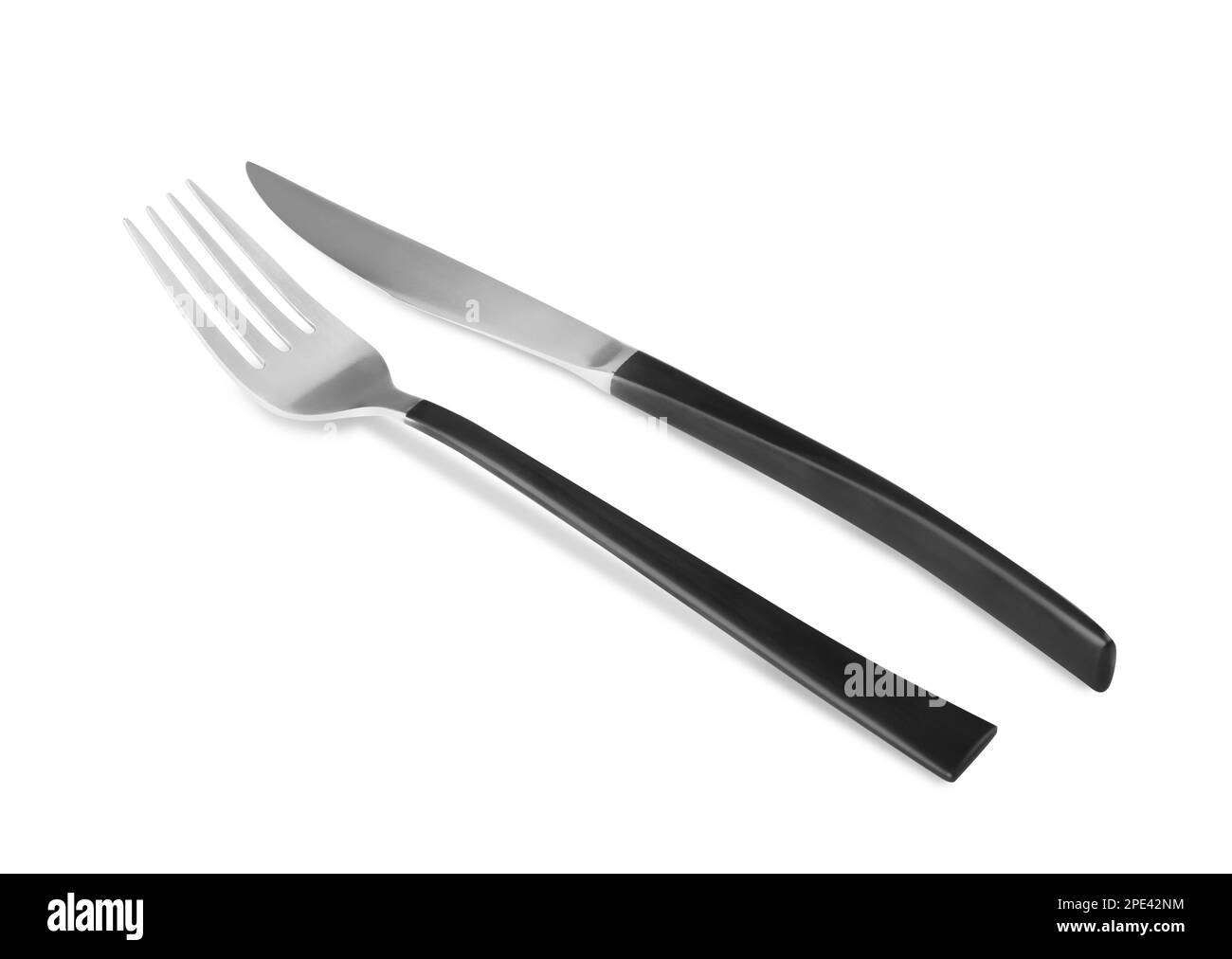 New fork and knife with black handles on white background Stock Photo ...