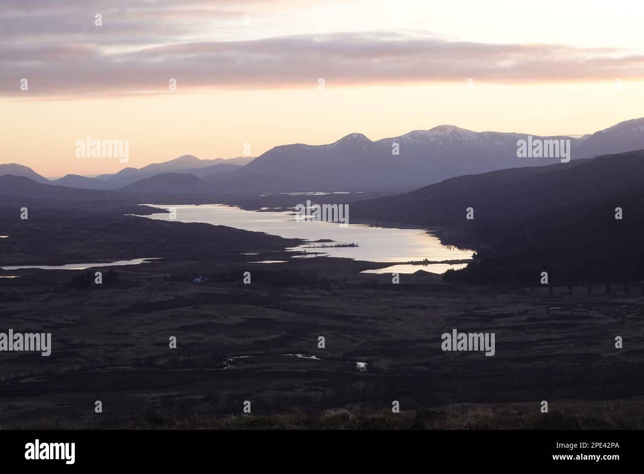 Winter view across Rannoch Moor and Loch Laidon with the mountains of ...
