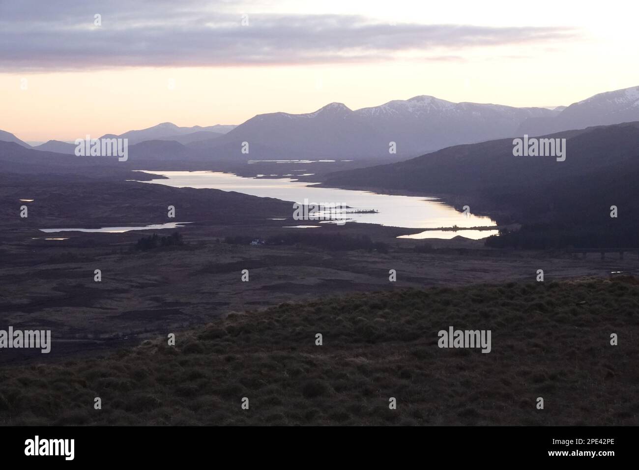 Winter view across Rannoch Moor and Loch Laidon with the mountains of ...